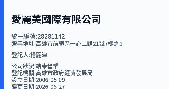 愛麗美國際有限公司的照片-統編 28281142(高雄市) 公司登記資料與營業項目詳細圖表