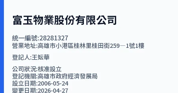 富玉物業股份有限公司的照片-統編 28281327(高雄市) 公司登記資料與營業項目詳細圖表
