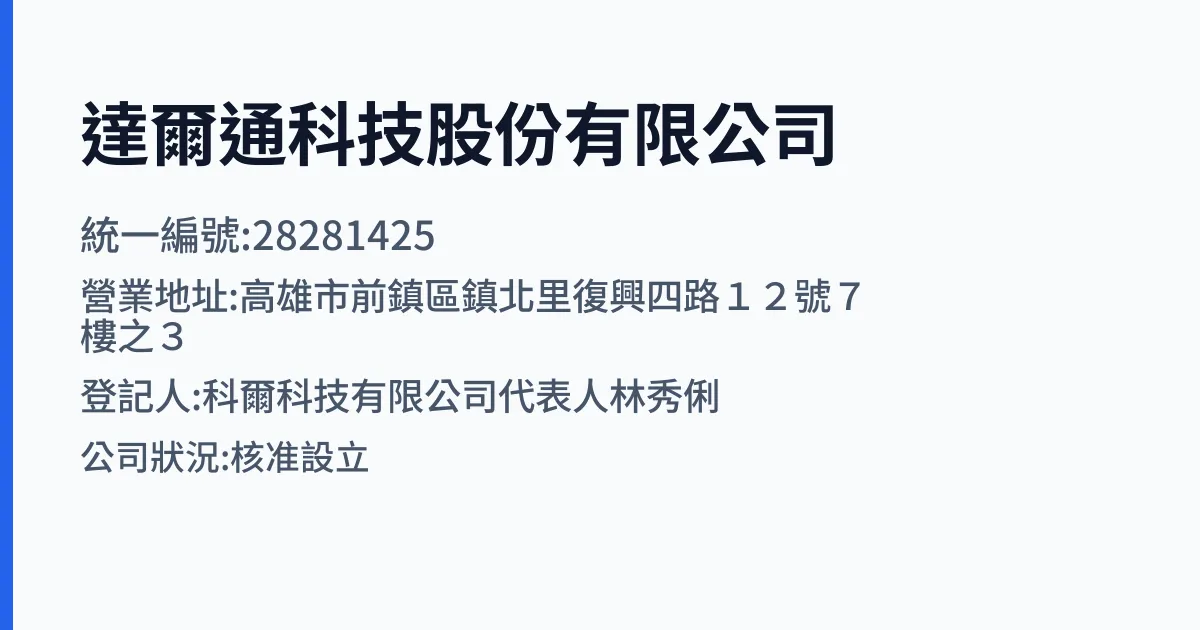 達爾通科技股份有限公司 - 統編 28281425(高雄市) 公司登記資料與營業項目詳細圖表