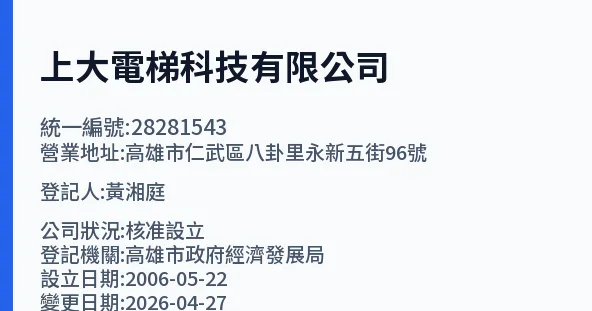 上大電梯科技有限公司的照片-統編 28281543(高雄市) 公司登記資料與營業項目詳細圖表
