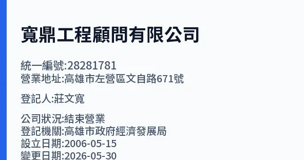 寬鼎工程顧問有限公司的照片-統編 28281781(高雄市) 公司登記資料與營業項目詳細圖表
