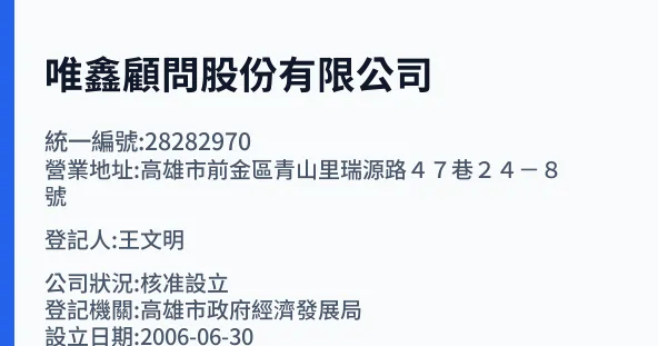 唯鑫顧問股份有限公司的照片-統編 28282970(高雄市) 公司登記資料與營業項目詳細圖表