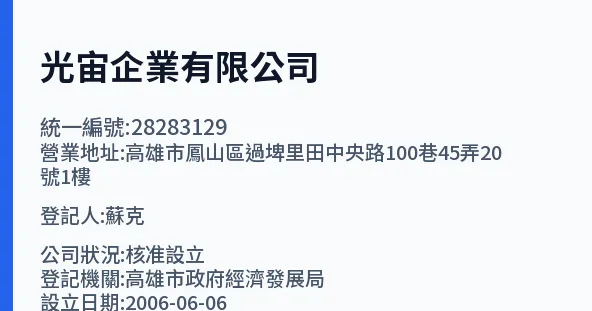 光宙企業有限公司的照片-統編 28283129(高雄市) 公司登記資料與營業項目詳細圖表