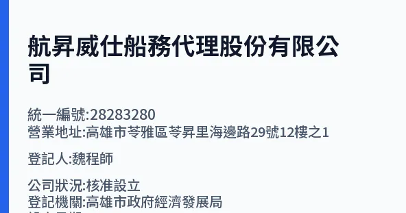 航昇威仕船務代理股份有限公司的照片-統編 28283280(高雄市) 公司登記資料與營業項目詳細圖表