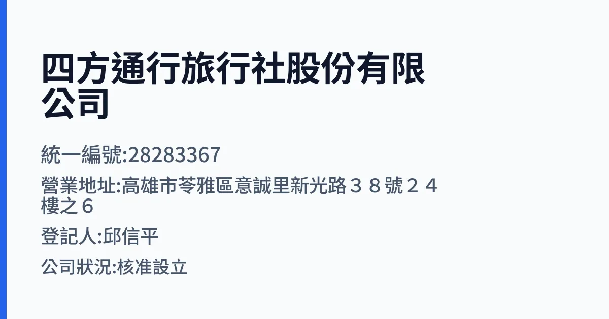四方通行旅行社股份有限公司 - 統編 28283367(高雄市) 公司登記資料與營業項目詳細圖表