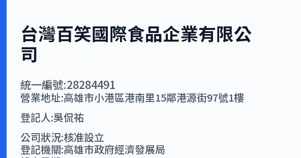 台灣百笑國際食品企業有限公司的照片-統編 28284491(高雄市) 公司登記資料與營業項目詳細圖表