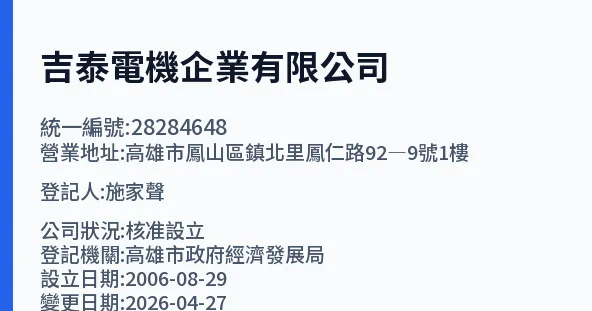 吉泰電機企業有限公司的照片-統編 28284648(高雄市) 公司登記資料與營業項目詳細圖表