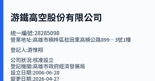 游鐵高空股份有限公司的照片-統編 28285098(高雄市) 公司登記資料與營業項目詳細圖表