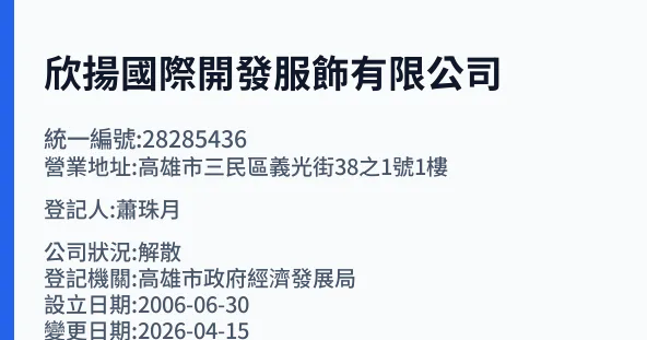 欣揚國際開發服飾有限公司的照片-統編 28285436(高雄市) 公司登記資料與營業項目詳細圖表