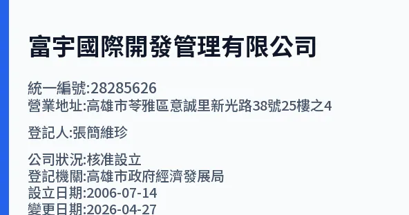 富宇國際開發管理有限公司的照片-統編 28285626(高雄市) 公司登記資料與營業項目詳細圖表