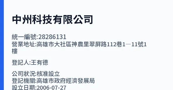 中州科技有限公司的照片-統編 28286131(高雄市) 公司登記資料與營業項目詳細圖表