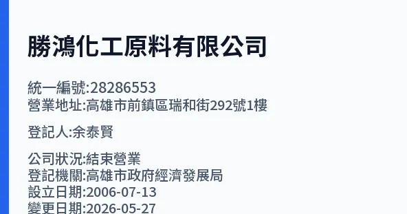 勝鴻化工原料有限公司的照片-統編 28286553(高雄市) 公司登記資料與營業項目詳細圖表