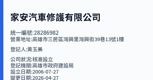 家安汽車修護有限公司的照片-統編 28286982(高雄市) 公司登記資料與營業項目詳細圖表