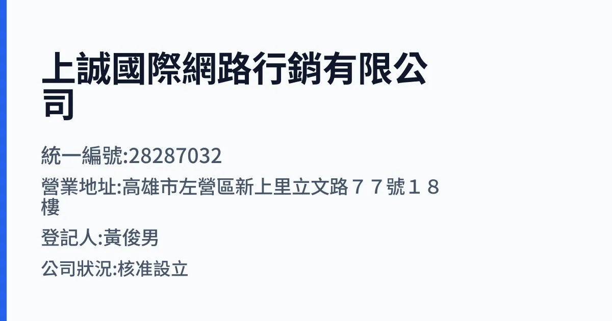 上誠國際網路行銷有限公司 - 統編 28287032(高雄市) 公司登記資料與營業項目詳細圖表