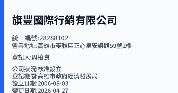 旗豐國際行銷有限公司的照片-統編 28288102(高雄市) 公司登記資料與營業項目詳細圖表