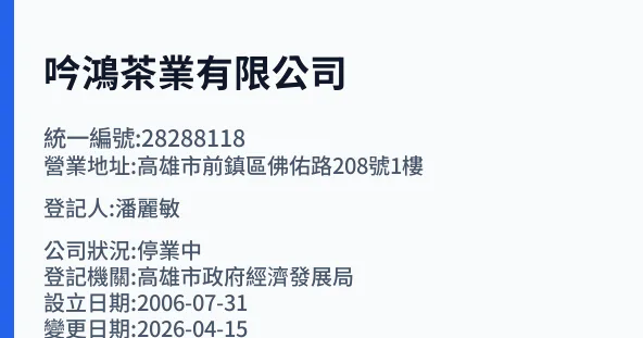 吟鴻茶業有限公司的照片-統編 28288118(高雄市) 公司登記資料與營業項目詳細圖表