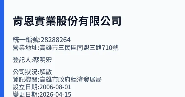 肯恩實業股份有限公司的照片-統編 28288264(高雄市) 公司登記資料與營業項目詳細圖表