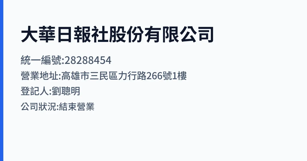 大華日報社股份有限公司 - 統編 28288454(高雄市) 公司登記資料與營業項目詳細圖表