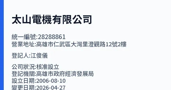 太山電機有限公司的照片-統編 28288861(高雄市) 公司登記資料與營業項目詳細圖表