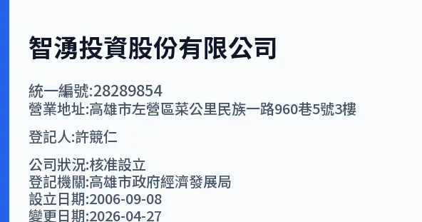 智湧投資股份有限公司的照片-統編 28289854(高雄市) 公司登記資料與營業項目詳細圖表