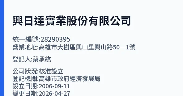 興日達實業股份有限公司的照片-統編 28290395(高雄市) 公司登記資料與營業項目詳細圖表