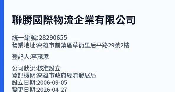 聯勝國際物流企業有限公司的照片-統編 28290655(高雄市) 公司登記資料與營業項目詳細圖表