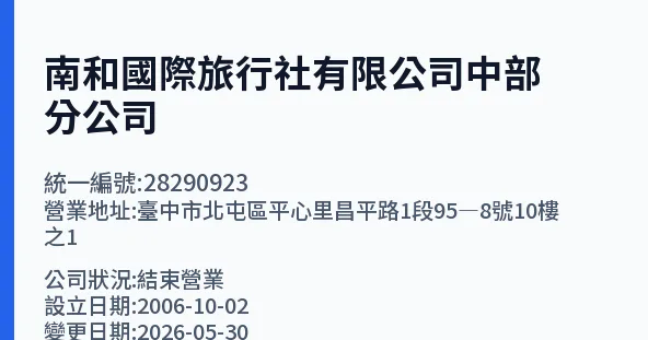 南和國際旅行社有限公司中部分公司的照片-統編 28290923(臺中市) 公司登記資料與營業項目詳細圖表