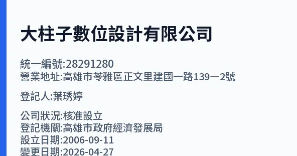 大柱子數位設計有限公司的照片-統編 28291280(高雄市) 公司登記資料與營業項目詳細圖表