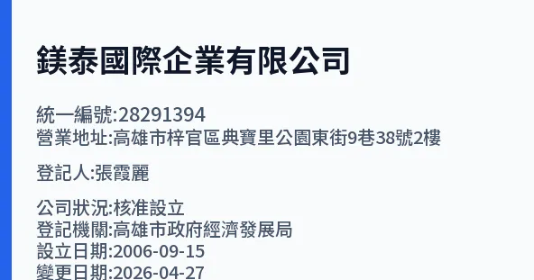 鎂泰國際企業有限公司的照片-統編 28291394(高雄市) 公司登記資料與營業項目詳細圖表