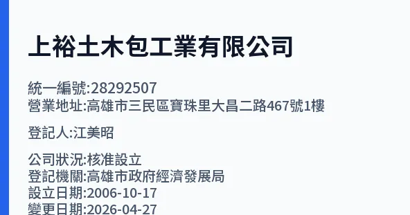 上裕土木包工業有限公司的照片-統編 28292507(高雄市) 公司登記資料與營業項目詳細圖表
