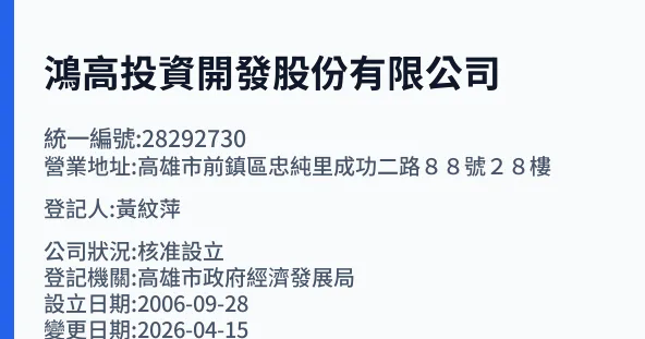 鴻高投資開發股份有限公司的照片-統編 28292730(高雄市) 公司登記資料與營業項目詳細圖表