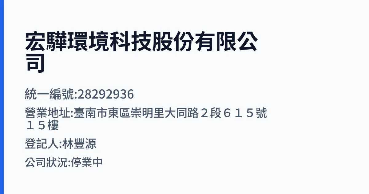 宏驊環境科技股份有限公司 - 統編 28292936(臺南市) 公司登記資料與營業項目詳細圖表