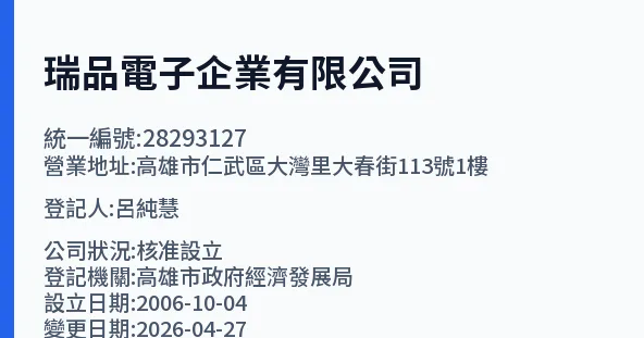 瑞品電子企業有限公司的照片-統編 28293127(高雄市) 公司登記資料與營業項目詳細圖表