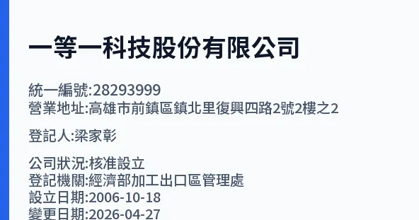 一等一科技股份有限公司的照片-統編 28293999(高雄市) 公司登記資料與營業項目詳細圖表