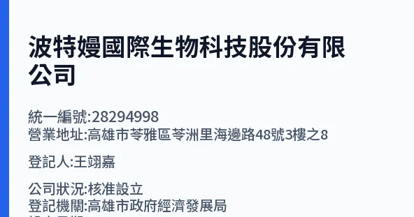 波特嫚國際生物科技股份有限公司的照片-統編 28294998(高雄市) 公司登記資料與營業項目詳細圖表
