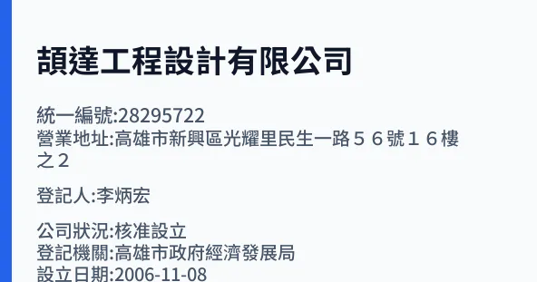 頡達工程設計有限公司的照片-統編 28295722(高雄市) 公司登記資料與營業項目詳細圖表