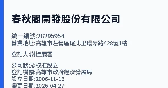 春秋閣開發股份有限公司的照片-統編 28295954(高雄市) 公司登記資料與營業項目詳細圖表