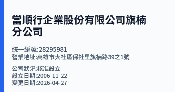 當順行企業股份有限公司旗楠分公司的照片-統編 28295981(高雄市) 公司登記資料與營業項目詳細圖表