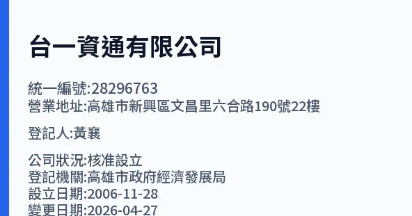 台一資通有限公司的照片-統編 28296763(高雄市) 公司登記資料與營業項目詳細圖表