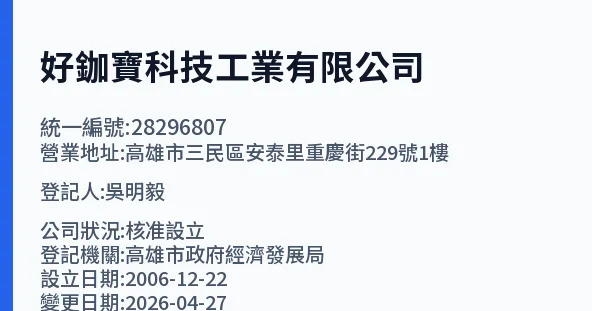 好鉫寶科技工業有限公司的照片-統編 28296807(高雄市) 公司登記資料與營業項目詳細圖表