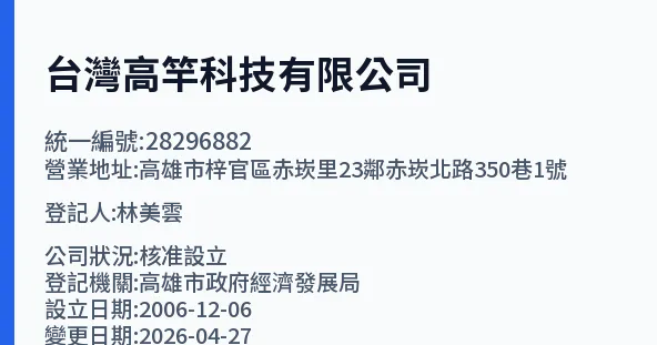 台灣高竿科技有限公司的照片-統編 28296882(高雄市) 公司登記資料與營業項目詳細圖表