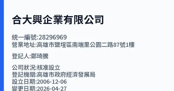 合大興企業有限公司的照片-統編 28296969(高雄市) 公司登記資料與營業項目詳細圖表