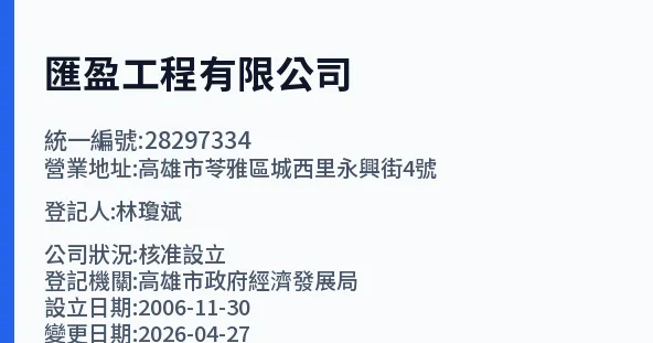 匯盈工程有限公司的照片-統編 28297334(高雄市) 公司登記資料與營業項目詳細圖表