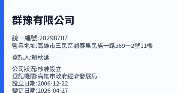 群豫有限公司的照片-統編 28298707(高雄市) 公司登記資料與營業項目詳細圖表