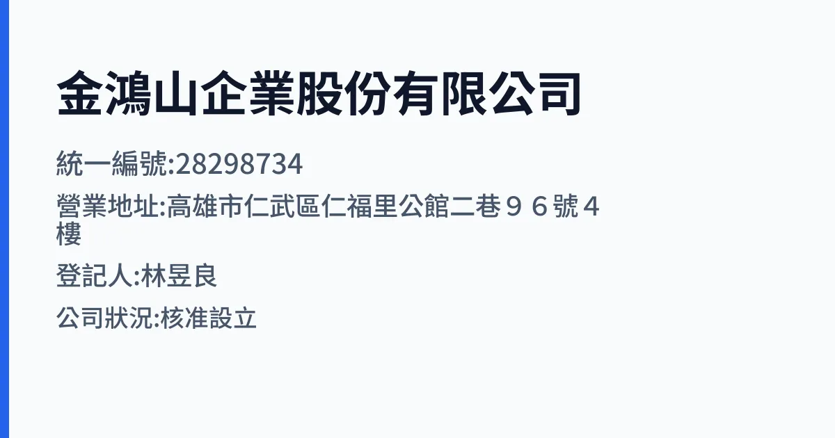 金鴻山企業股份有限公司 - 統編 28298734(高雄市) 公司登記資料與營業項目詳細圖表