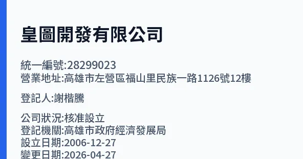 皇圖開發有限公司的照片-統編 28299023(高雄市) 公司登記資料與營業項目詳細圖表