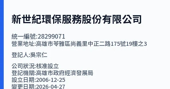 新世紀環保服務股份有限公司的照片-統編 28299071(高雄市) 公司登記資料與營業項目詳細圖表