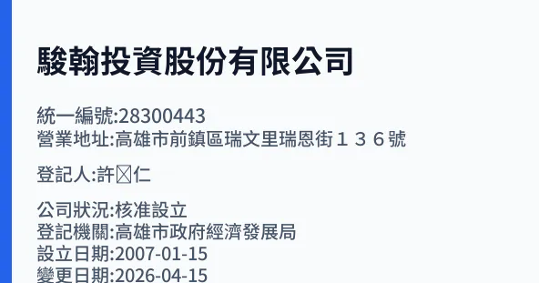 駿翰投資股份有限公司的照片-統編 28300443(高雄市) 公司登記資料與營業項目詳細圖表