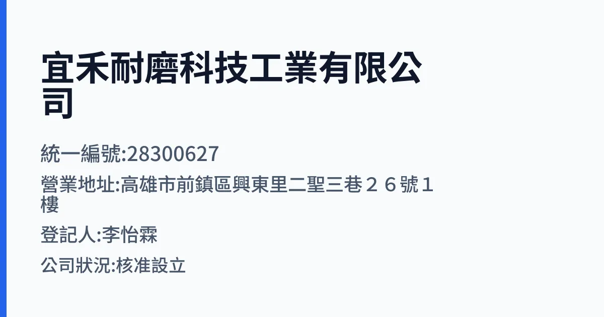 宜禾耐磨科技工業有限公司 - 統編 28300627(高雄市) 公司登記資料與營業項目詳細圖表
