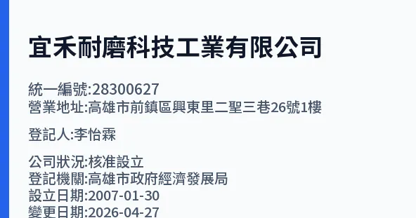 宜禾耐磨科技工業有限公司的照片-統編 28300627(高雄市) 公司登記資料與營業項目詳細圖表